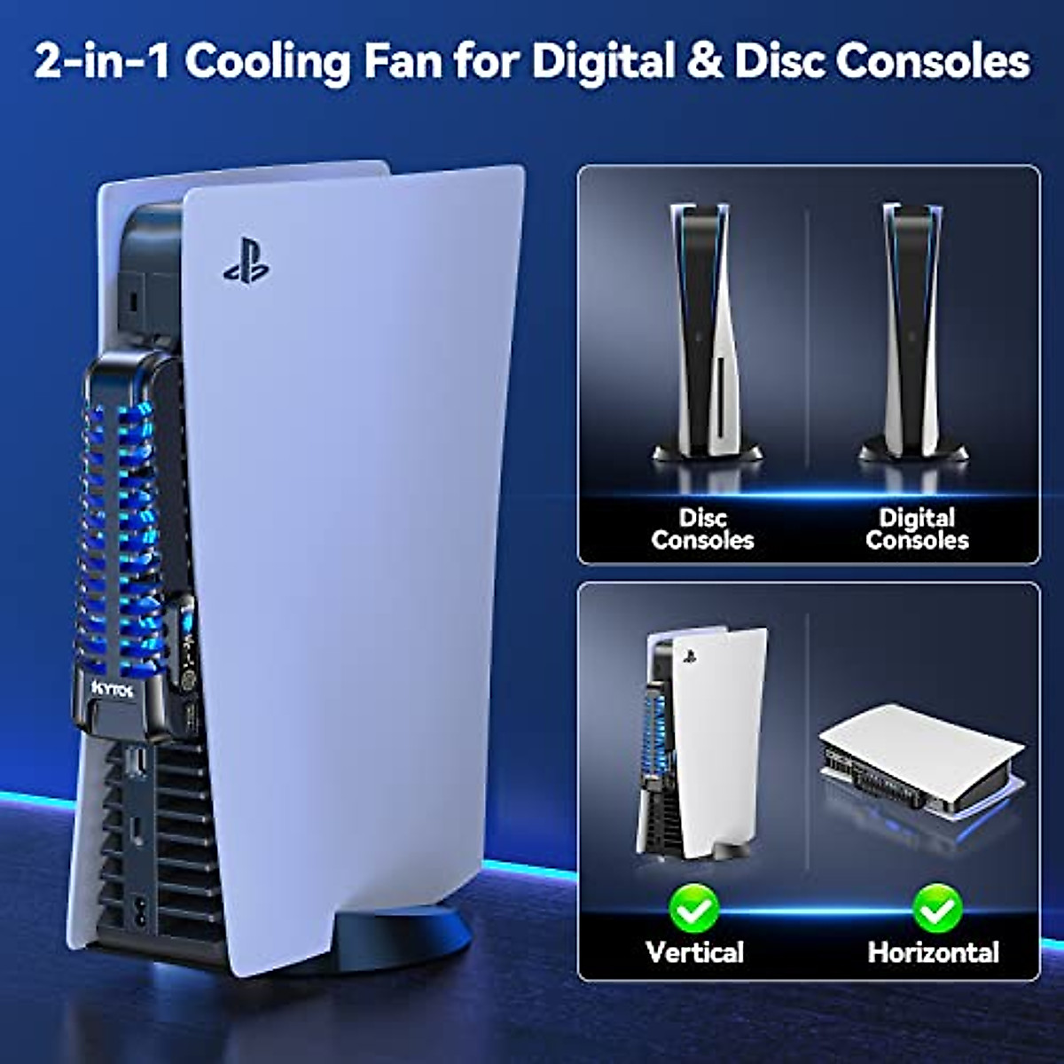 Kytok PS5 Cooling Fan with 3 Adjustable Fans, Quiet PS5 Fan Upgraded with 9 Blades and Extra USB HUB, PS5 Cooler with Touch Screen Compatible with Playstation 5 Digital & Disc Edition