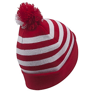 TOP HEADWEAR Striped Long Beanie w/Pom Red White Hat