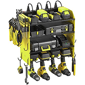 CCCEI Modular 4 Layer Movable Power Tool Organizer with Charging Station. Wall Mount 4 Drill, Tool Battery Holder, Garage Heavy Duty Shelf Rack with Power Strip, Hooks, Screwdriver, Drill Bit Storage