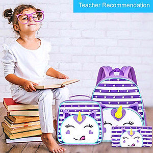 FTJCF 3PCS Toddler Backpack for Girls, 12" Unicorn Kindergarten Bookbag, Preschool Kids School Bag with Lunch Box - Purple