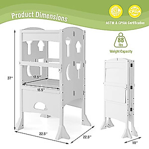 HONEY JOY White Kitchen Step Stool for Toddlers, Children Wooden Kitchen Tower Helper w/Safety Rail, Extra Kitchen Toys, Montessori Foldable Kids Learning Standing Tower for Kitchen Counter(White)