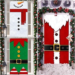 WovWeave 3 Pcs Christmas Door Cover Santa Snowman Elf Christmas Door Decoration Large Fabric Xmas Winter Cover for Front Door Banner Backdrop for Christmas New Year Winter Holiday Party Decor 71"x 35"
