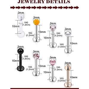 Prjndjw 48Pcs Lip Rings 16G Surgical Steel Labret Studs Monroe Ring Piercing Jewelry for Women Men Conch Cartilage Tragus Helix Earring Barbells 10MM Glow in the Dark