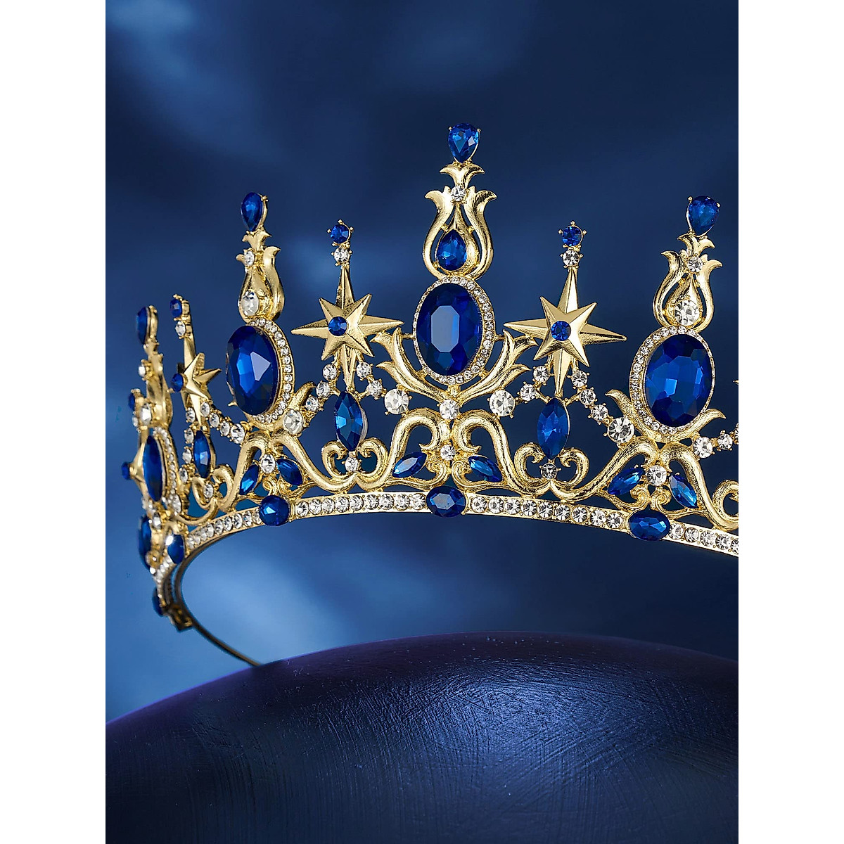 SWEETV Couple Crowns for Women & Men,Crystal Queen Tiara King Crown Set,2-Pack Gold Blue Medieval Hair Accessories for Prom Wedding Photo Shoot Birthday