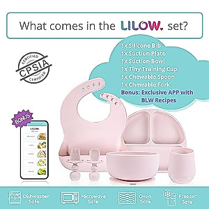 Lilow Silicone Baby Feeding Set | Baby Led Weaning Supplies | Suction Baby Plates and Bowls Set Bib Tiny Cup Spoon and Fork| First Stage Baby Dishes | Self Feeding Utensils Set for Eating Solid Food