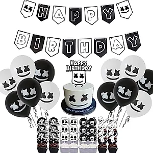 50 Pcs Marshmellow DJ Birthday Party Supplies, DJ Game Party,Ideal for Kids Gamer Fans Gaming Theme Party Decorations Favors,1Banner,24 Cupcake Topper,1 Cake Topper,24 Balloons