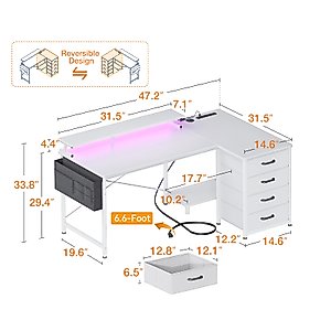 ODK 48-Inch L Shaped Gaming Desk with LED Lights & USB Power Outlets, Reversible Computer Desk with 4 Drawers, Corner Gamer Desk with CPU Shelf & Monitor Stand, Gaming Table for Bedroom, White