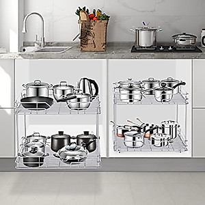 BONADOM 2 Tier Pull Out Cabinet Organizer(21''Dx17''W) Heavy Duty Slide Out Drawers for Kitchen Cabinets Storage Roll Out Shelf Rack Storage for Pots, Pans, PullOut Cupboard Organizer