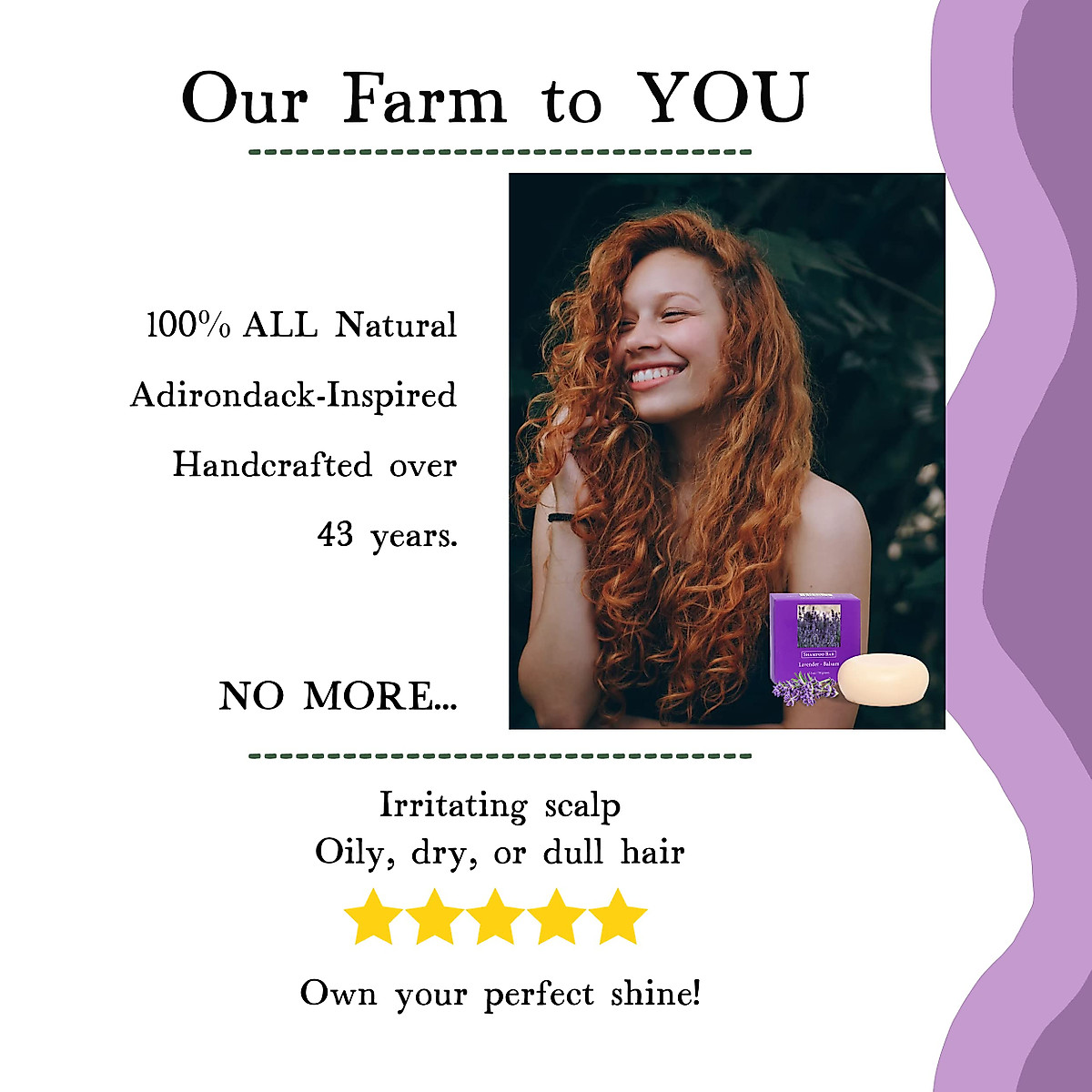 Adirondack Fragrance & Flavor Farm ADK Balsam Lavender Shampoo Bar for Oily Hair & Sensitive Scalp, Essential Oils, Sulfate-Free Plant-Based Vegan & Eco Friendly Solid Hair Cleanser, 2.5 Oz, 70 grams