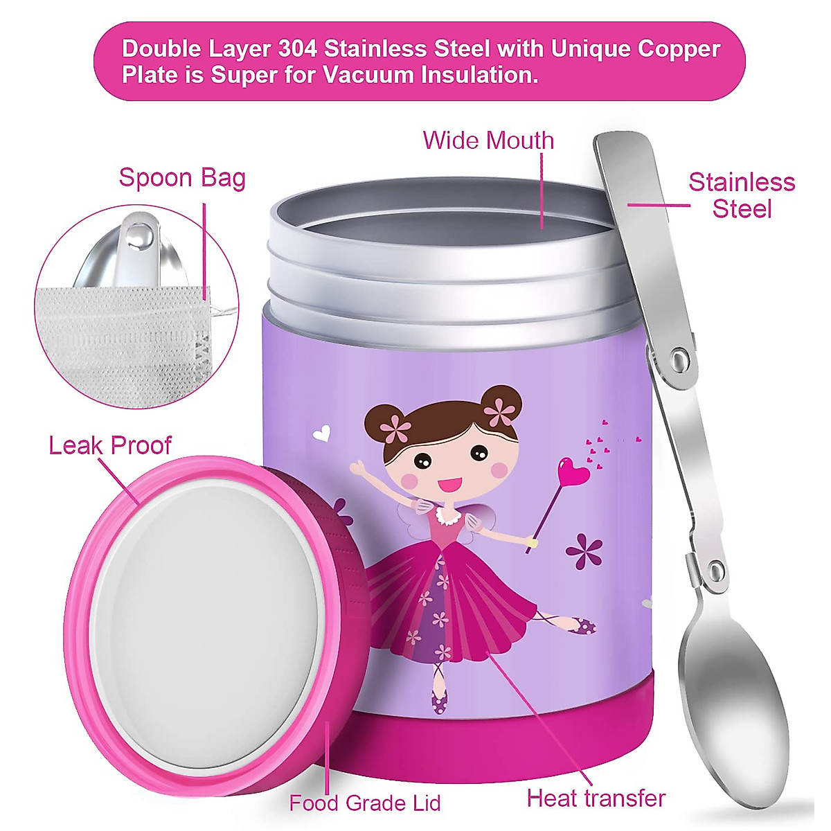 LESONJOY Food Jar Thermos For Hot Food Kids, 16 oz Leak Proof Bento Lunch Box with Insulated Lunch Bag & Spoon, Vacuum Stainless Steel Lunch Containers for Hot & Cold Food, Pink