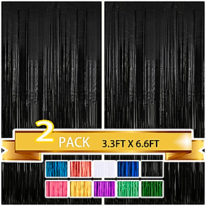 2 Pack Black Metallic Tinsel Foil Fringe Curtains Party Photo Backdrop Party Streamers for Birthday,Graduation,New Year Eve Decorations Wedding Decor
