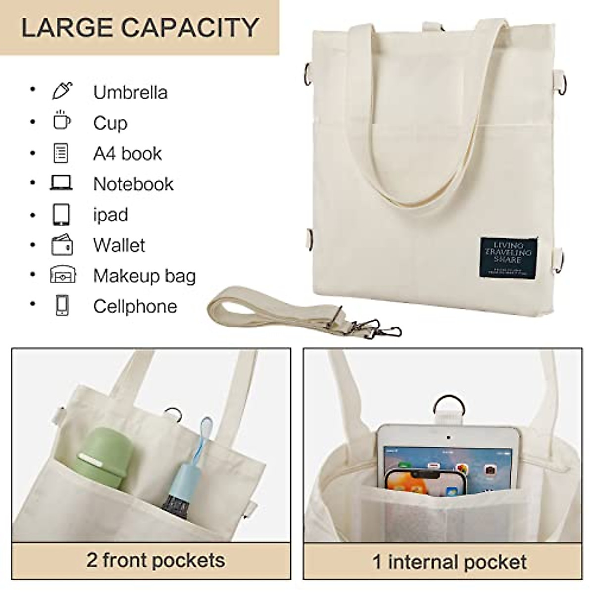 LOLAGIGI Canvas Shoulder Tote Bag for Women Adjustable Crossbody Handbag Casual Aesthetic Hobo Bag Utility Satchel Shoulder Backpack with Zipper Pocket, Suit for Girl Teens School Work Travel, Beige