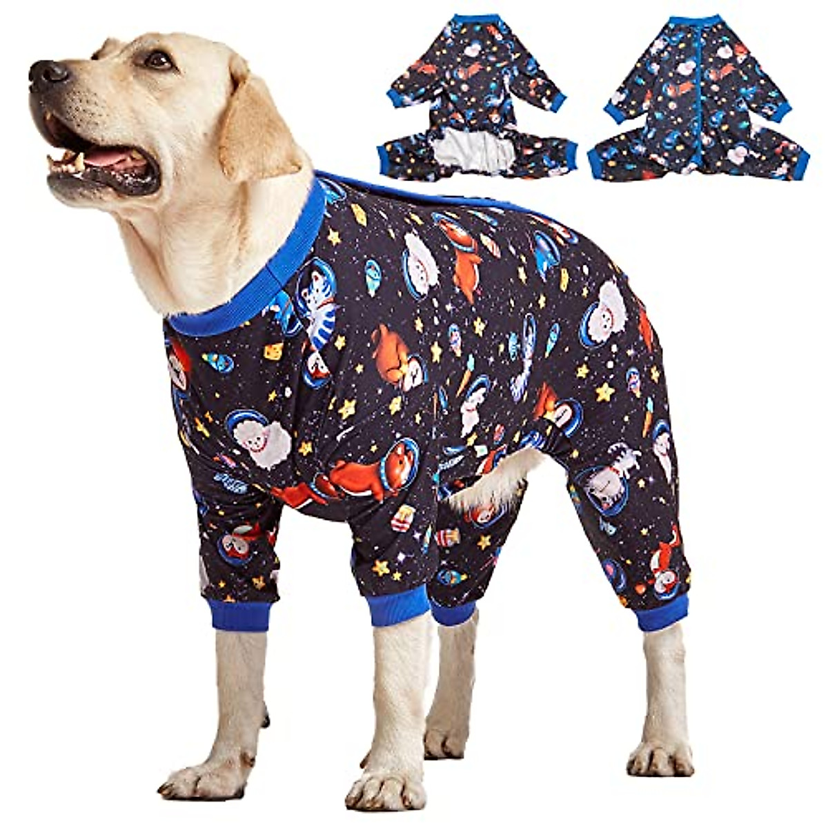 LovinPet Large Big Dog Pajamas - Anxiety Calming Dog Onesie, Undershirt for Dog Coats, Lightweight Stretchy 4 Legged Style Large Dog Jammies, Space Animals Black Print Pet Pjs,Black Large