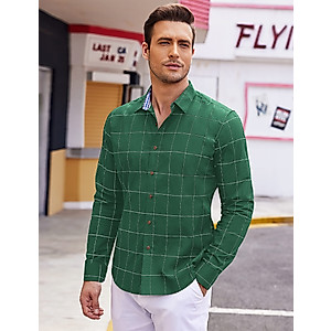 COOFANDY Men's Fashion Long Sleeve Plaid Button Down Shirts Casual Dress Shirt Army Green