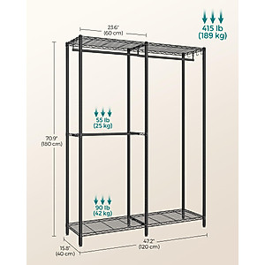 SONGMICS Clothes Rack, Freestanding Wardrobe Closet, Metal Clothing Racks, Heavy-Duty Garment Rack with Adjustable Shelves, Hanging Rods, Dividable, 15.8 x 47.2 x 70.9 Inches, Ink Black ULGR423B01