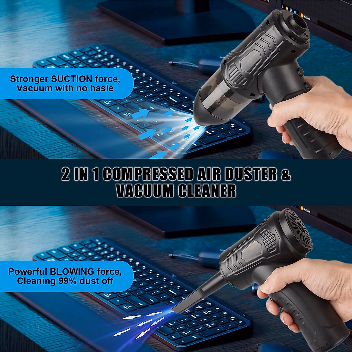 Bsteciar Compressed Air Duster, 3 in 1 Electric Air Duster/Mini Computer Vacuum/Inflat Swim Ring, Portable Handheld Air Blower for Keyboard, Car, Home, 3 Speeds