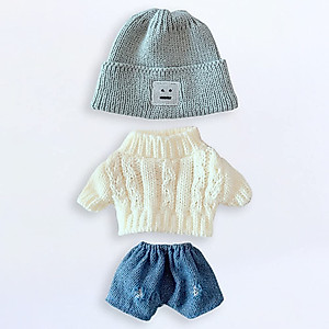 niannyyhouse Doll Clothes Suit 7.8in/20cm Plush Doll Clothes Hat + Sweater + Shorts 3-Piece Set Doll Dressup Square Face Hat Denim Shorts White Sweater (Blue)