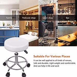 KKTONER PU Leather Round Rolling Stool with Foot Rest Swivel Height Adjustment Spa Drafting Salon Tattoo Work Office Massage Stools Task Chair Cushion 14 inches (White)