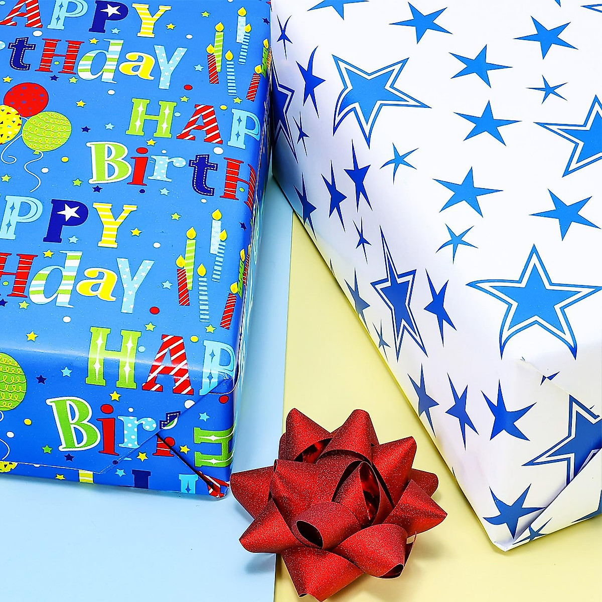 BOLIANNE Reversible Birthday Wrapping Paper for Boys Girls Kids Adults Baby Shower - Colorful Happy Birthday Gift Wrap Paper for Party - Gift Wrapping Paper Roll, 17.7 Inch X 33 Feet, High Gloss