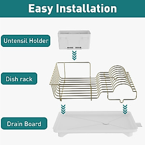 Buruis Dish Drying Rack, Gold Dish Drainer Organizer Includes Removable Drain Board and Utensil Holder, Large Capacity Metal Dish Racks for Kitchen (White)