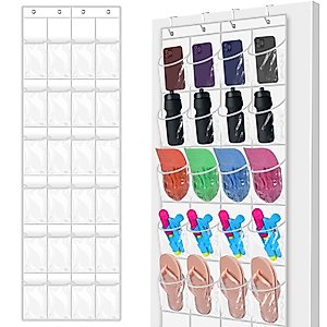 Windyun 24 Pockets Hanging Shoe Organizer Large Clear Pockets Over the Door Pantry Organizer Shoe Holder for Back of Door Hanging Shoe Bag for Closet Water Bottle Cellphone Calculator