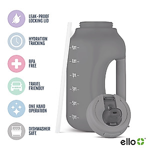 Ello Hydra 64oz Half Gallon Water Jug with Handle and Motivational Time Markers for All Day Hydration, Plastic Reusable Water Bottle with Straw and Locking, Leak Proof Lid, BPA Free, Grey