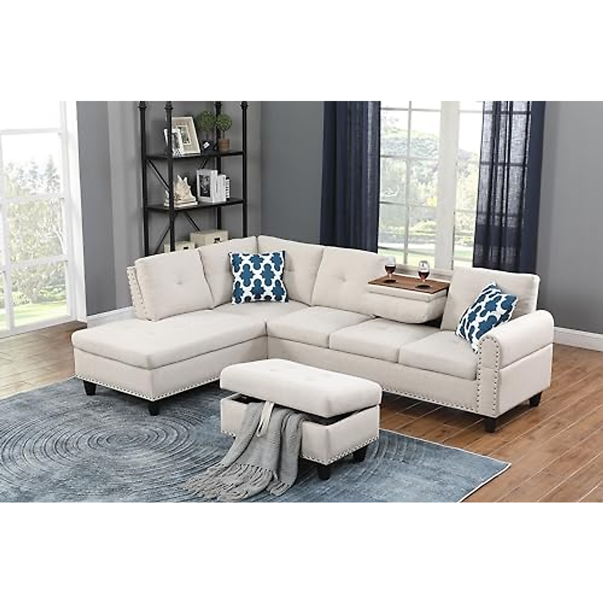 98" W Linen Sectional Sofa Upholstered Modular Couch with Cup Holder, 29" W Ottoman, 3 Combo Piece Living Room Furniture Set for 2 Toss Pillows and Rounded Arm, L-Shaped Button Nailhead Trim, Beige