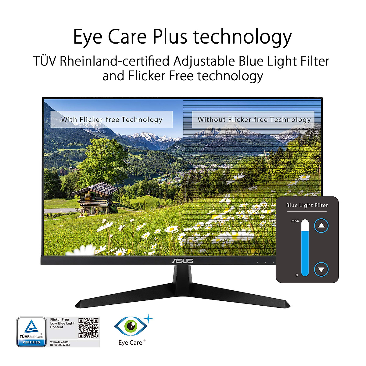 ASUS VY249HE 23.8” Eye Care Monitor, 1080P Full HD, 75Hz, IPS, Adaptive-Sync/Sync, Eye Care Plus, Color Augmentation, Rest Reminder, HDMI VGA, Frameless, VESA Wall Mountable, BLACK