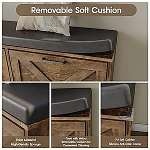 Vabches Shoe Storage Bench with 4 Flip Drawers & Padded Seat Cushion, Farmhouse Shoe Storage for Entryway, Narrow Hallway Shoe Bench, Rustic Brown