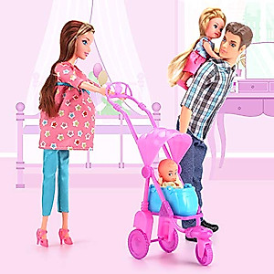Liberty Imports Happy Family Welcome Baby 11.5-Inch Pregnant Doll Toy Husband & Wife with Daughter, Newborn, Stroller and Accessories Playset (22 Pieces)