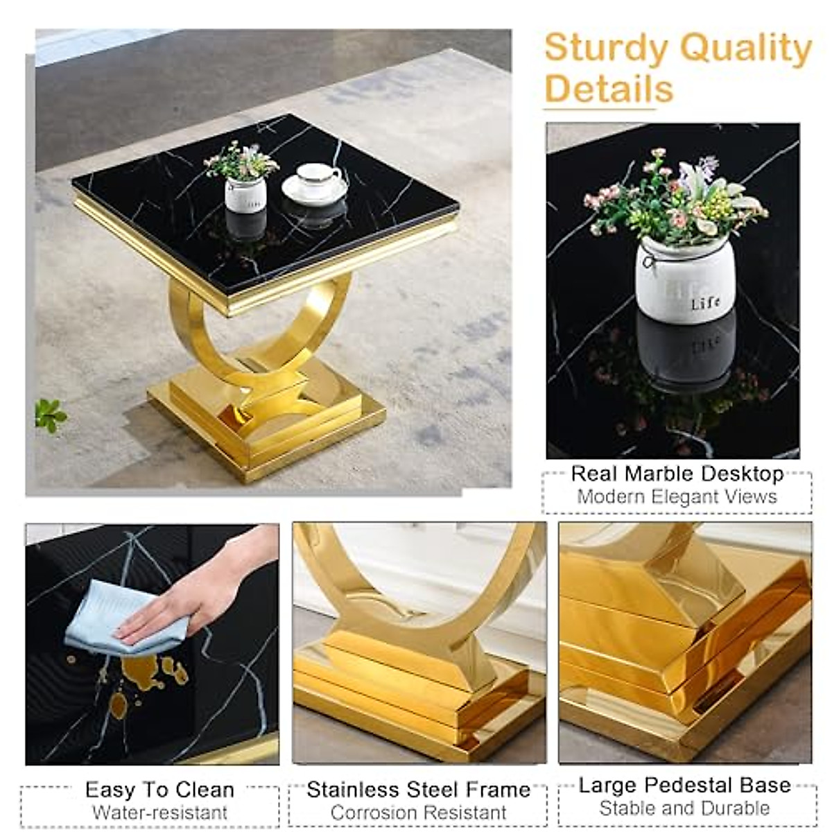 Luxury Real Marble End Table, Modern Mirrored Gold Square Sofa Side Table, Mid Century Elegant End Bedside Table with Stainless Steel Pedestal Base for Living Room Bedroom Couch