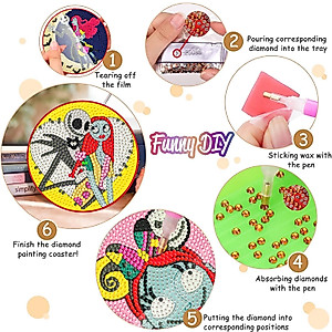 8 Pcs Halloween Diamond Paintings Coasters Kits with Holder, DIY Jack and Sally Coaster Diamond Art Kits,Full Drill Rhinestone Painting Kits for Adults & Kids,Beginners Art Craft Supplies