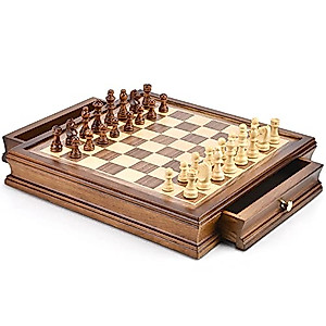 AMEROUS 12.8" x 12.8" Magnetic Wooden Chess Set with 2 Built-in Storage Drawers - 2 Bonus Extra Queens - Gift Packaging - Staunton Chess Pieces, Board Games Chess Sets for Adults and Kids