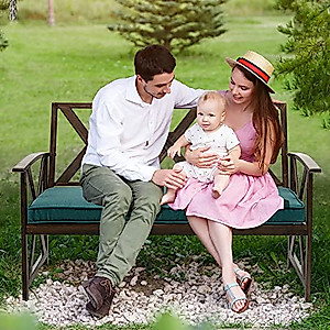 Giantex 51.5” Outdoor Garden Bench - Patio Chair with Heavy-Duty Wood Grain Coated Steel Frame, Detachable Sponge-Padded Cushion, Pattern Backrest & Armrests Double Seat, Metal Benches for Outdoors