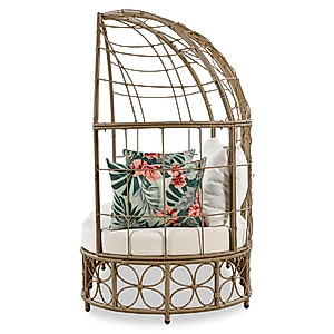 Merax Round Outdoor Patio Daybed, Conversation Sofa Set with Canopy, Wicker Loveseat Sunbed with Floral Pattern, Colorful Pillows & Removable Cushions, Beige