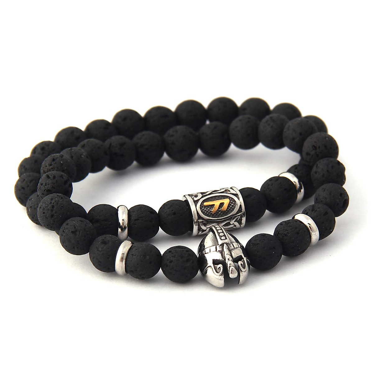 BAVIPOWER Set Rune Bead Bracelet and Viking Warrior Helmet Lava Rock Volcanic Stone Bead Elastic Adjustable Bracelet Bangle (Black)