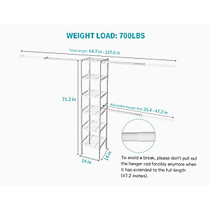 Ulif M1 Closet Storage Organizer System, 6 Tiers Heavy Duty Metal Garment Rack with 3 Expandable Hanger Rods, Wall Mounted Space Saver Suits from 5.4-8.7 ft. Width, 71.2”H x 14”D, 700LBS, White