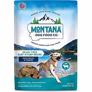 MONTANA DOG FOOD CO. Surf 'n Turf Freeze-Dried Raw Dog Food Topper – Grain-Free, High Protein Meal Enhancer with 100% All-Natural Wild-Caught Fish & Grass-Fed Beef – Premium USA-Made, 12 oz