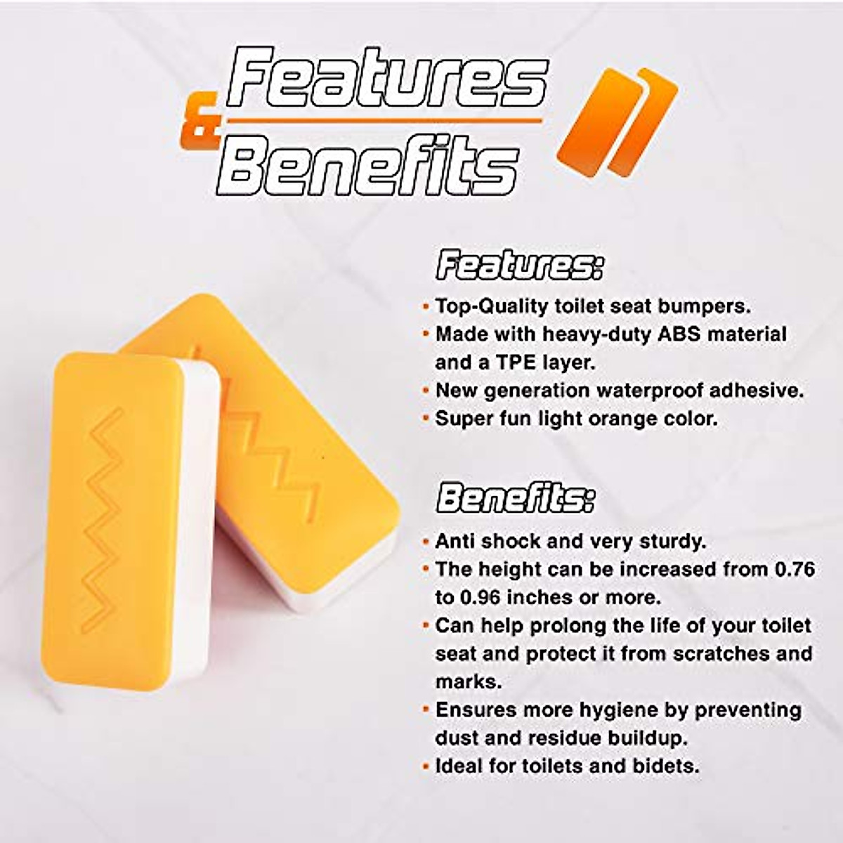 6pcs – Toilet Seat Bumper with Height Adjusters and Toilet Lifter Handle Families, Hotels, Hospitals, School – Quality ABS with Waterproof Adhesive Universal – Light Orange Color