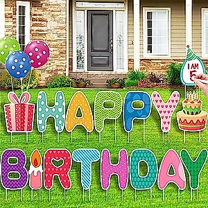 16Pcs Happy Birthday Yard Sign with Stakes, 15" Large Birthday Yard Signs Outdoor Lawn Decorations, A Writable Whiteboard & 3 Real Balloons, Weatherproof Corrugated Board