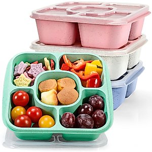 Caperci Original Bento Snack Box and Lunchable Containers for Kids & Adults - 5 Compartment Food Storage Containers for Snacks and Meals, Wheat Straw, BPA-Free, Set of 4 (Multicolor & Clear Lids)