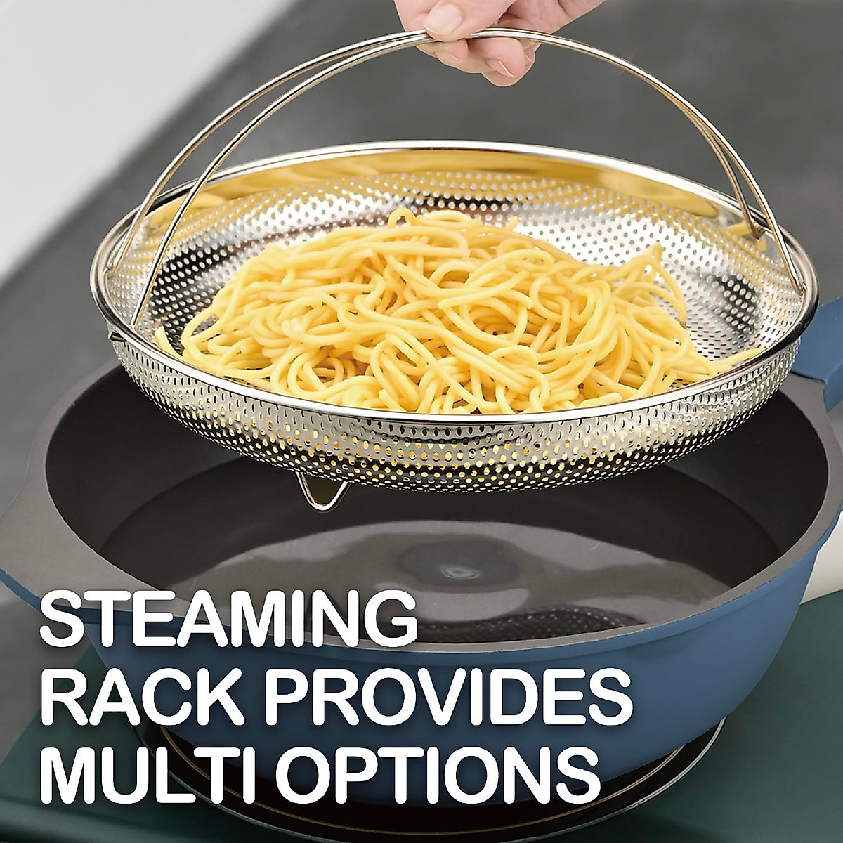 LIGTSPCE Always Nonstick Multipurpose Saute pan,All-in-One Pan,Large Skillet with Strainer,Deep Frying Pan with Lid(11-inch), PFOA Free non stick chef’s pan,Dishwasher and Oven Safe（Cerulean）