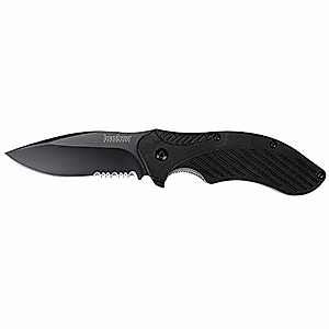 Kershaw Clash Black Serrated Pocketknife, 3" 8Cr13MoV Steel Drop Point Blade, Assisted One-Handed Flipper Opening, Folding Utility EDC