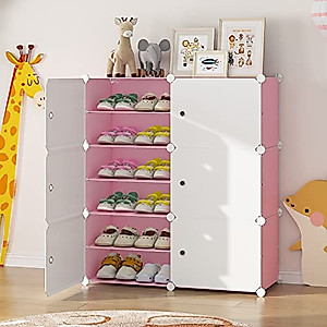 MAGINELS Baby Shoe Rack 24 Pairs Shoe Organizer Narrow Standing Stackable Shoe Storage Cabinet Space Saver for Entryway, Hallway and Closet,Pink