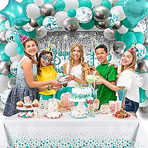 18th Birthday Decorations for Girls Teal Happy 18th Birthday Backdrop ,18 Birthday Sash ,Teal Blue Balloons Garland Kit and Teal Dot Disposable Tablecloth