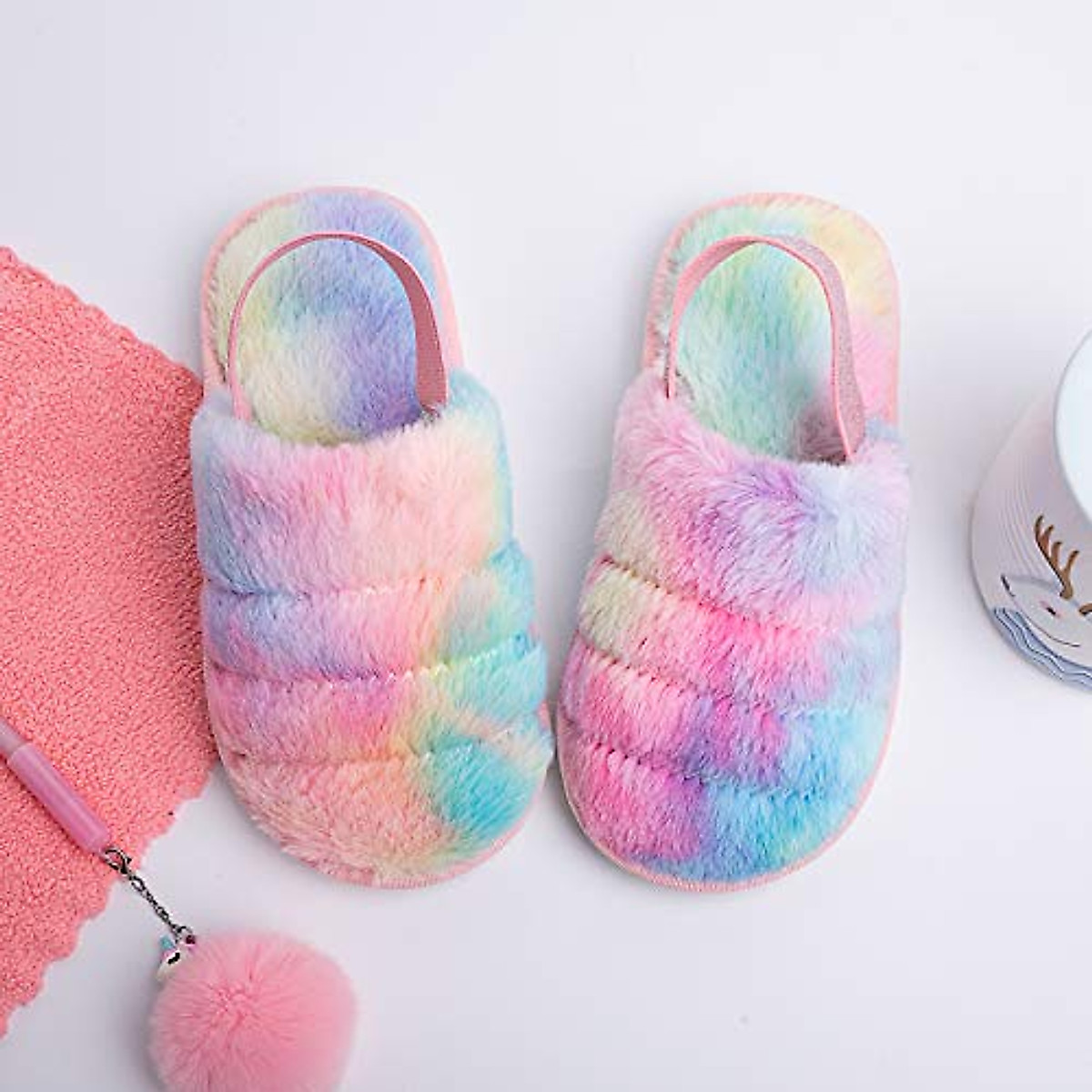 Kids Fluffy Fuzzy Slippers Rainbow Color House Home Slippers for Boys and Girls Faux Fur Slides with Strap Little Kids Slip-on Shoes