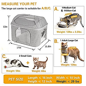 Bejibear Large Cat Carrier for 2 Cats, Oeko-TEX Certified Soft Side Pet Carrier for Cat, Small Dog, Collapsible Travel Small Carrier, TSA Airline Approved Carrier for Large Cats 20 lbs-Gray