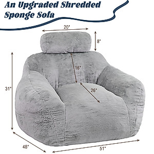LFCREATOR Giant Bean Bag Chair for Adults, Faux Fur Fabric Large Bean Bag Chair, Comfortable Bean Bag Sofa Chair with Ergonomic Support for Living Room, Bedroom, Gray.