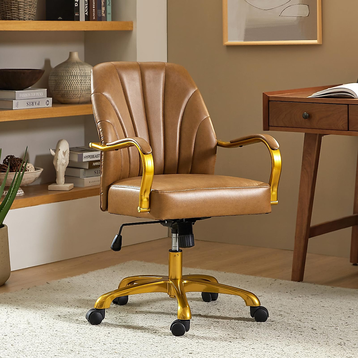 HULALA HOME Camel Leather Office Chair with Gold Legs, Swivel Desk Chair with Padded Seat and Armrests, Adjustable Height Task Chair