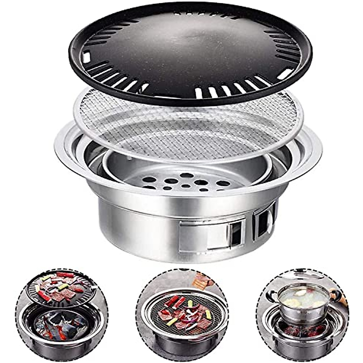 NEWCES Safety Certification 3-in-1 BBQ Grill Non-Stick Bakeware & Grid & Hot Pot Portable Charcoal Barbecues Grills Round Barbeque Grill Outdoor Smoker BBQ Grill for Camping Picnic Patio Garden